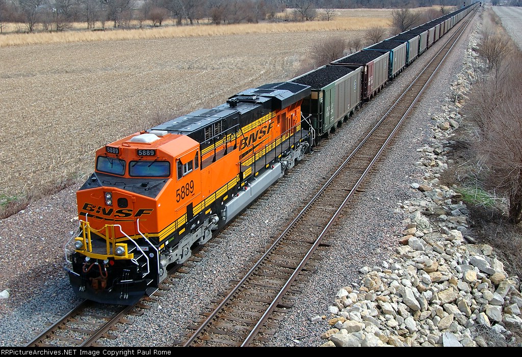 BNSF 5889, ES44AC GEVO, works as a DPU remote unit on an eastbound coal load